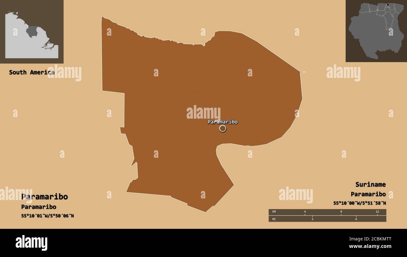 Shape of Paramaribo, district of Suriname, and its capital. Distance ...