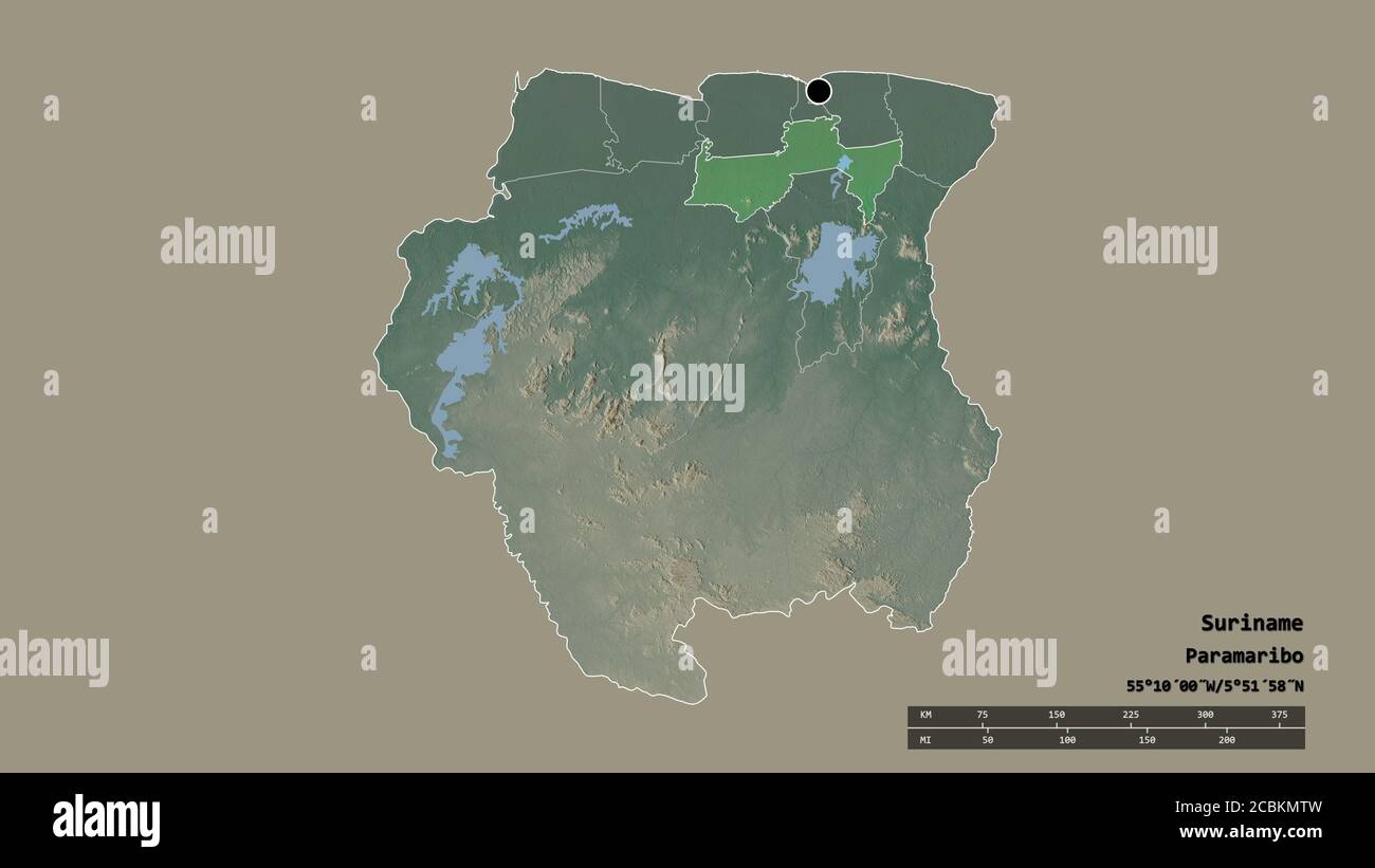 Desaturated shape of Suriname with its capital, main regional division ...