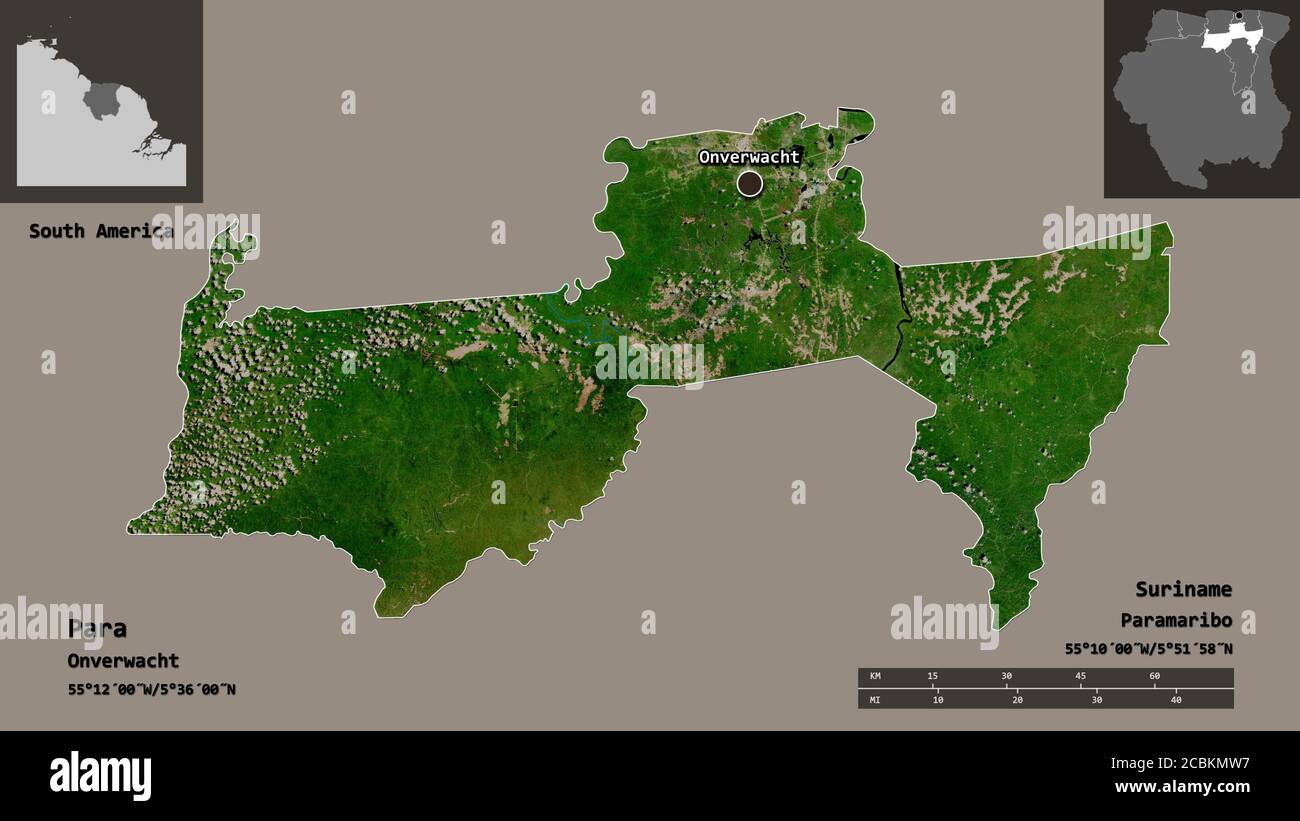 Shape of Para, district of Suriname, and its capital. Distance scale ...