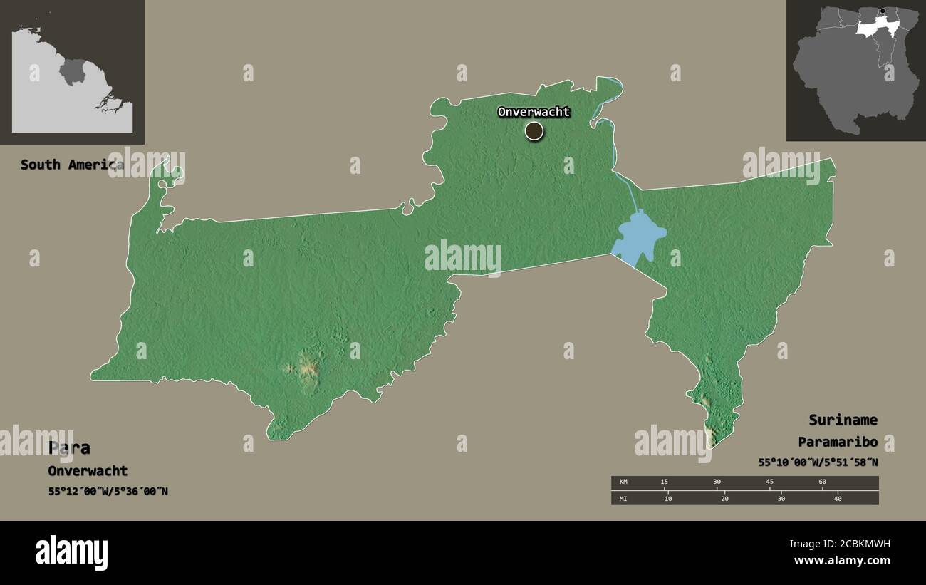Shape of Para, district of Suriname, and its capital. Distance scale ...