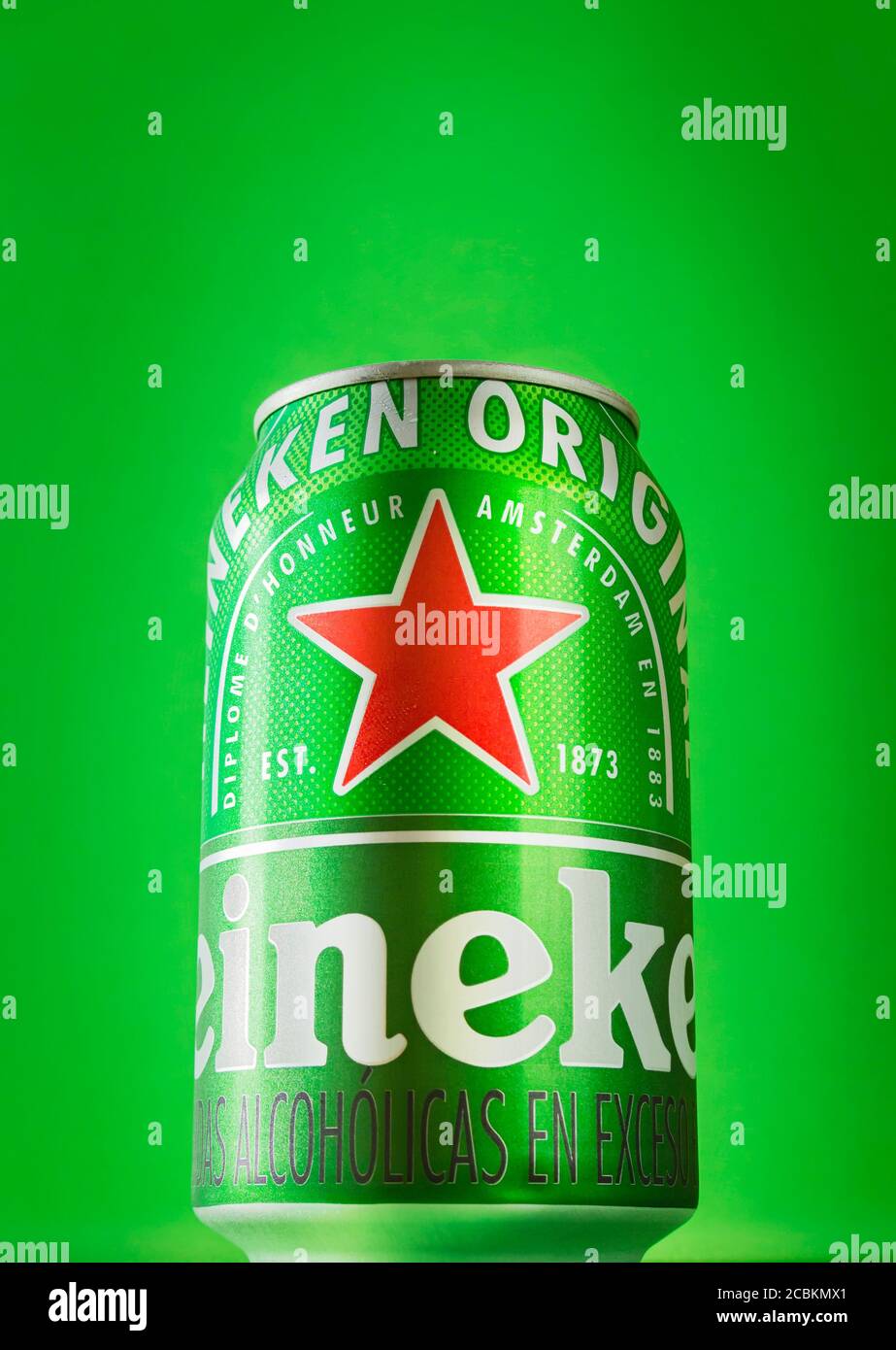 Lima, Peru - August 10 2020: Heineken beer can green background ...