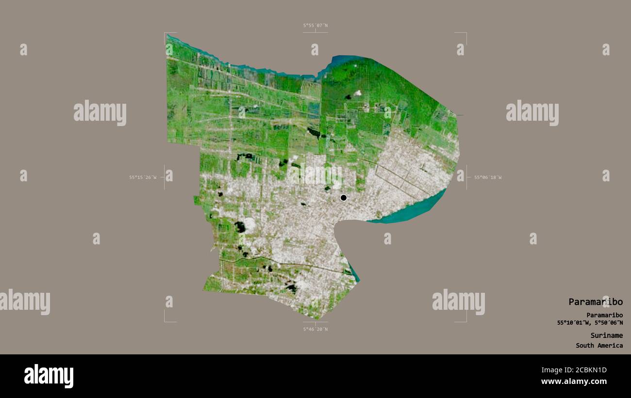 Area of Paramaribo, district of Suriname, isolated on a solid ...