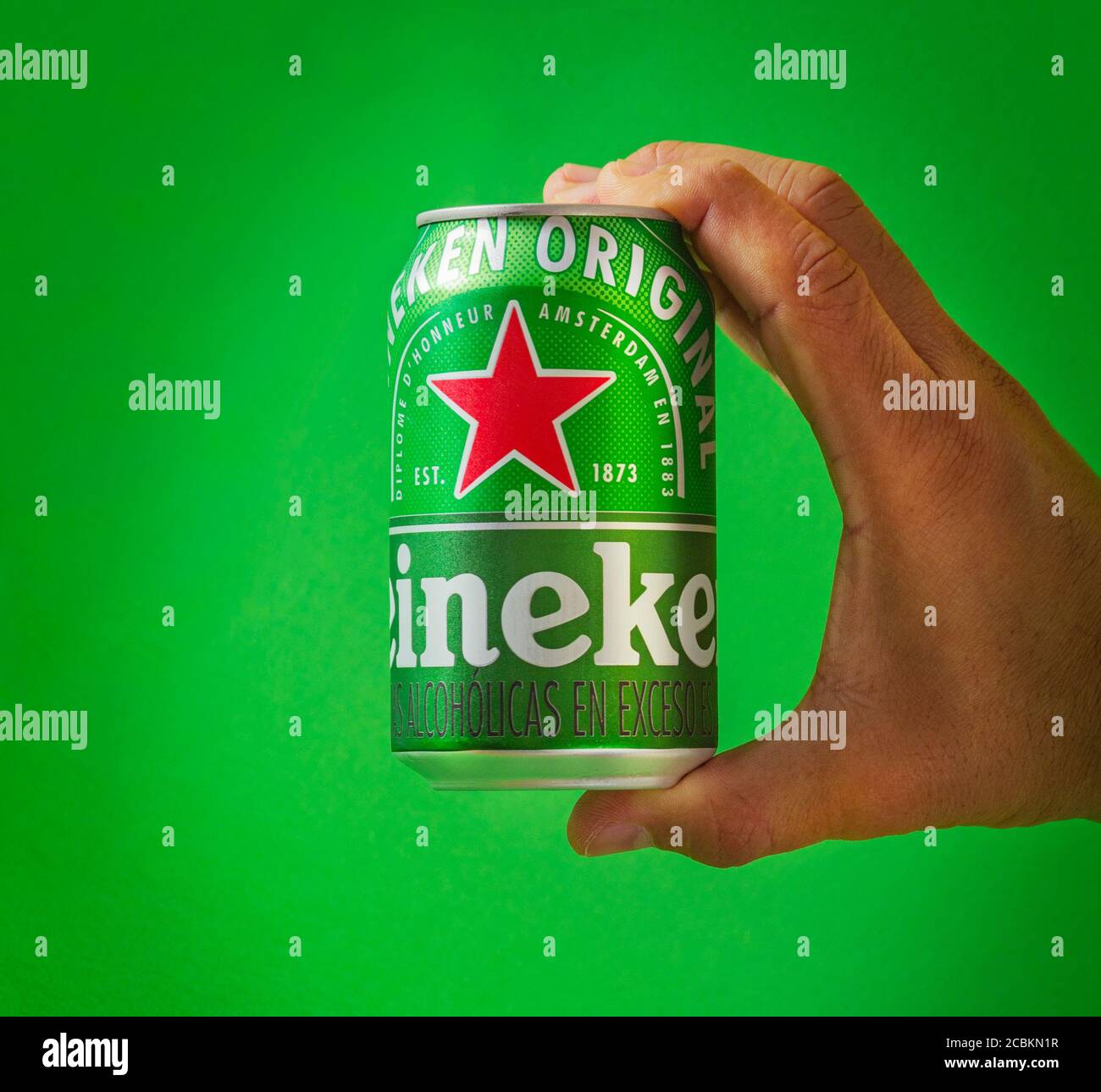 Lima, Peru - August 10 2020: Heineken beer can green background ...