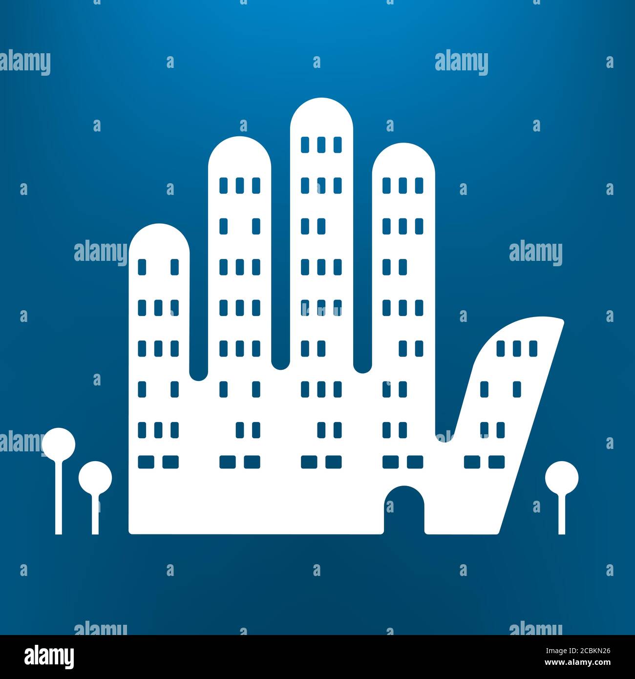 Vector illustration. Hand icon in white as a building. Community symbol ...
