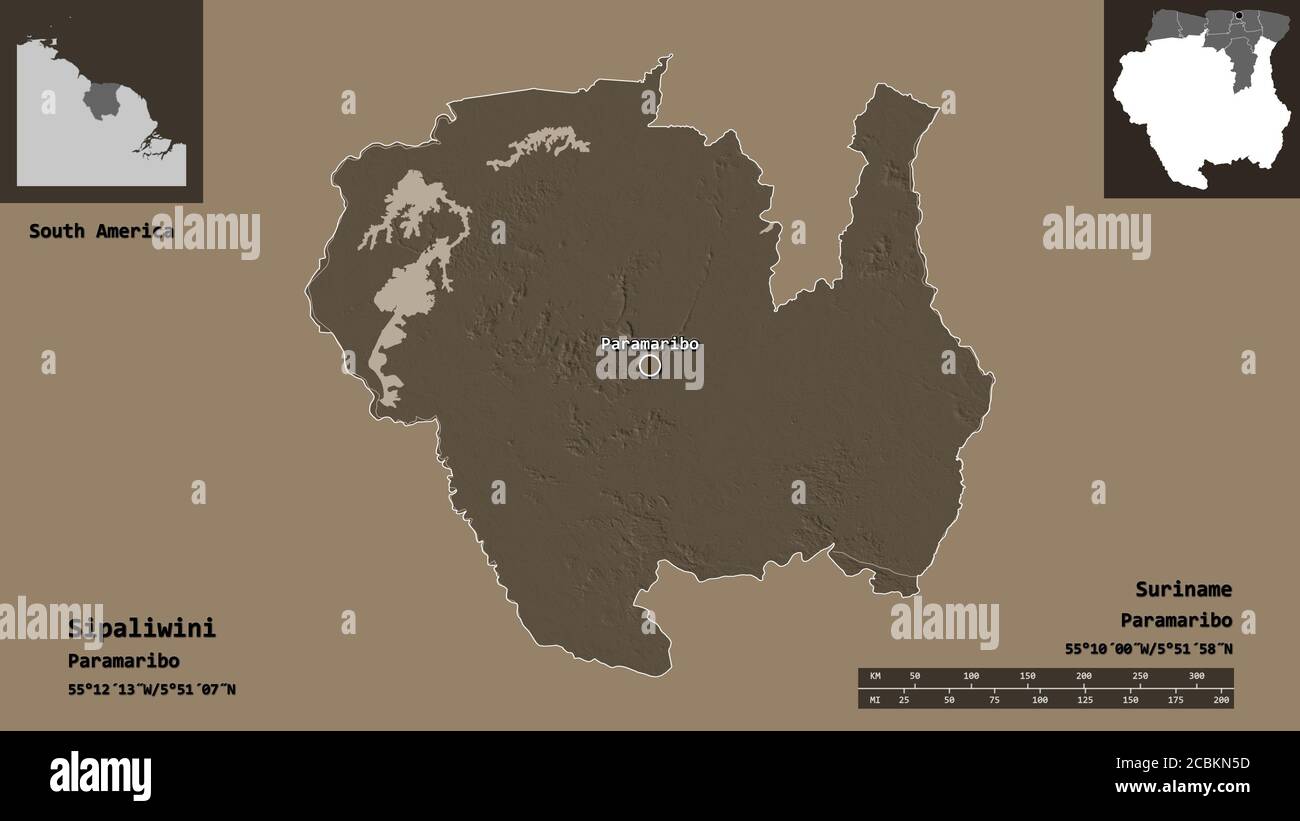 Shape of Sipaliwini, district of Suriname, and its capital. Distance ...