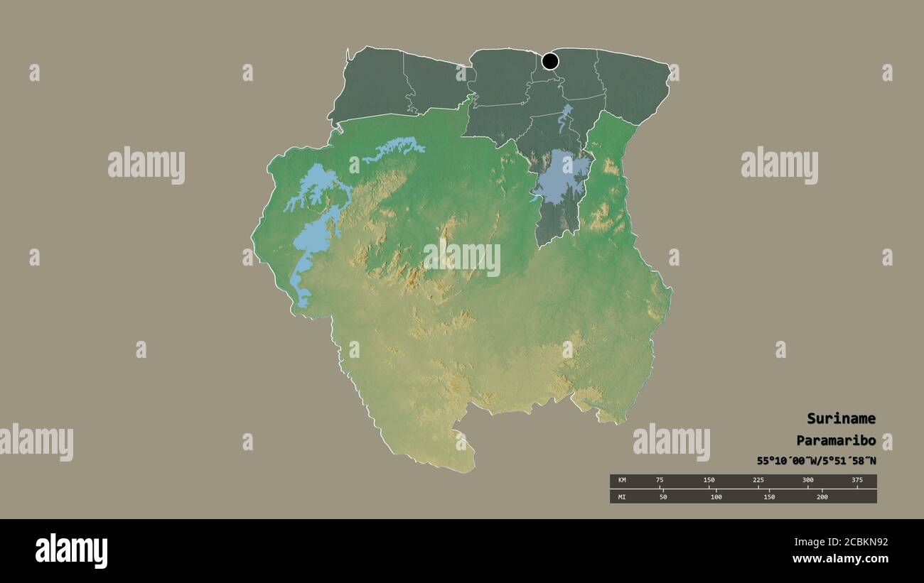 Desaturated shape of Suriname with its capital, main regional division ...