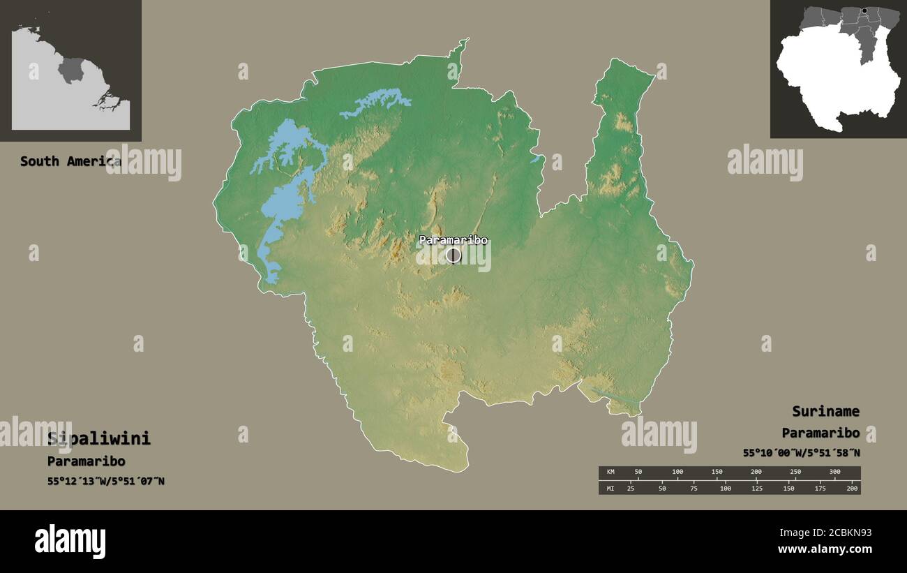 Shape of Sipaliwini, district of Suriname, and its capital. Distance ...