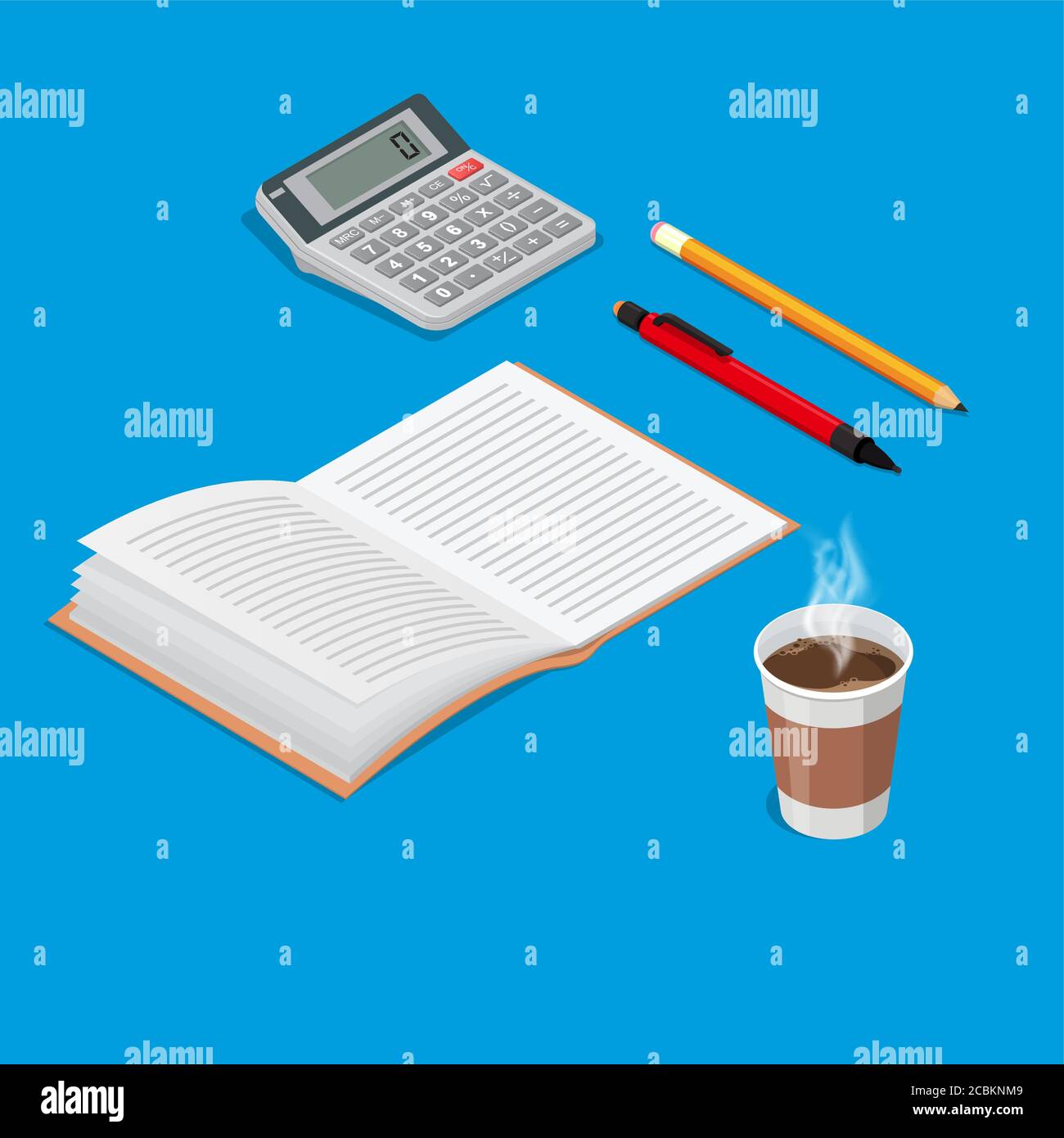 Set of isometric office objects.Notebook, pen, pencil, calculator ...