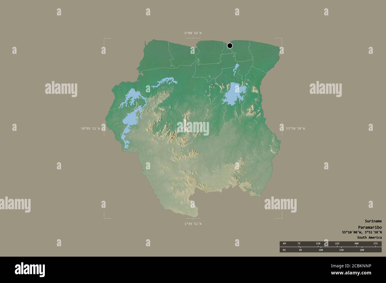 Area of Suriname isolated on a solid background in a georeferenced ...