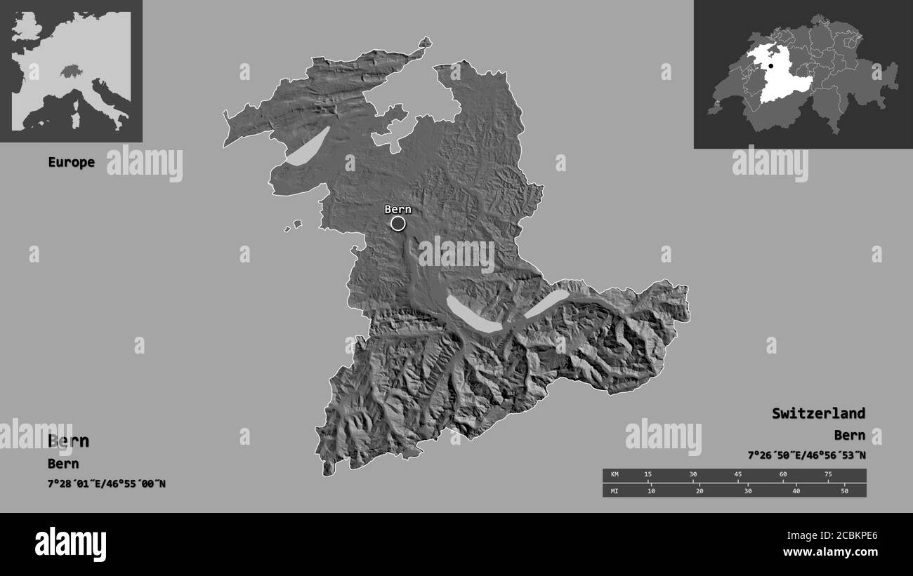Shape of Bern, canton of Switzerland, and its capital. Distance scale ...