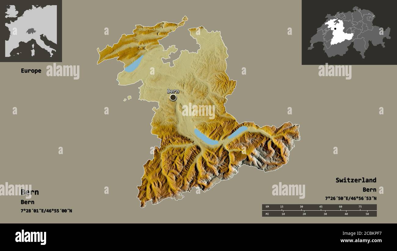 Shape of Bern, canton of Switzerland, and its capital. Distance scale ...