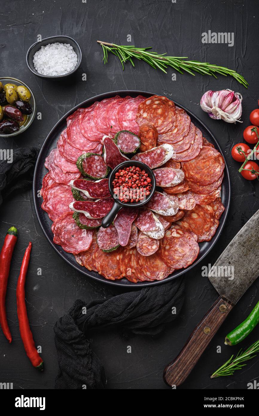 Cured meat platter of traditional spanish tapas. Chorizo, salchichon ...
