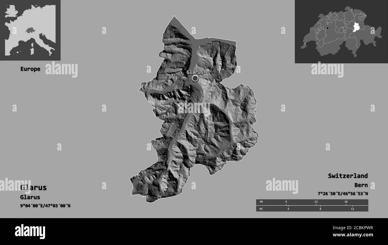 Shape of Glarus, canton of Switzerland, and its capital. Distance scale ...