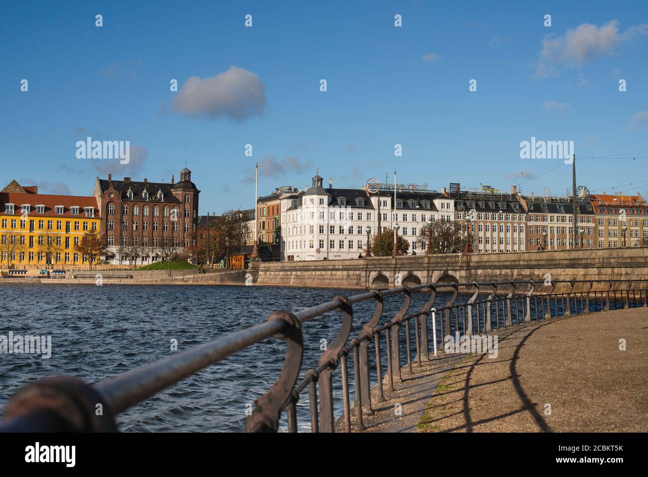 View of houses and bridge at Norrebro waterfront, Copenhagen, Zealand ...