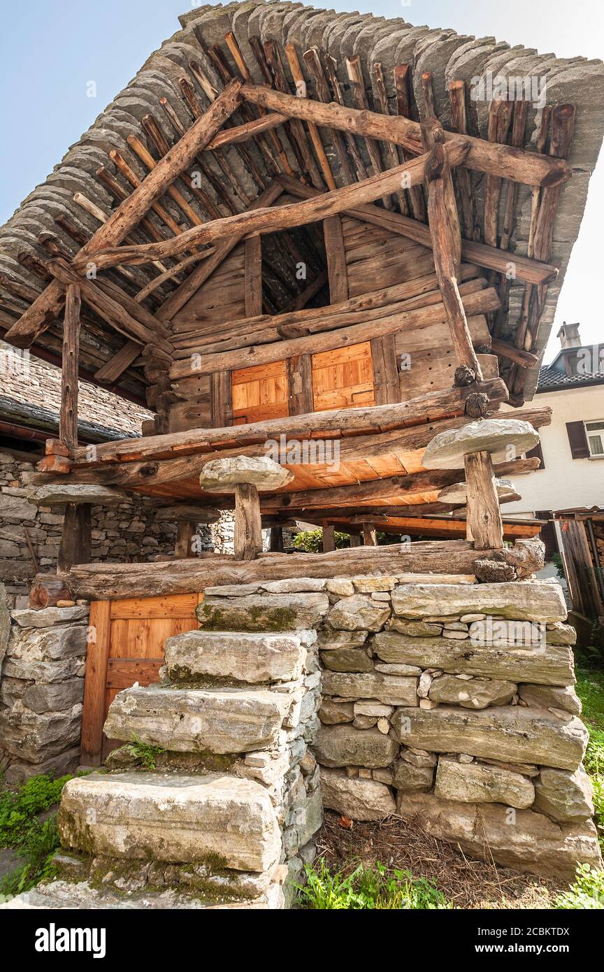 Traditional granite house, Moghegno Village, Maggia Valley, Ticino ...