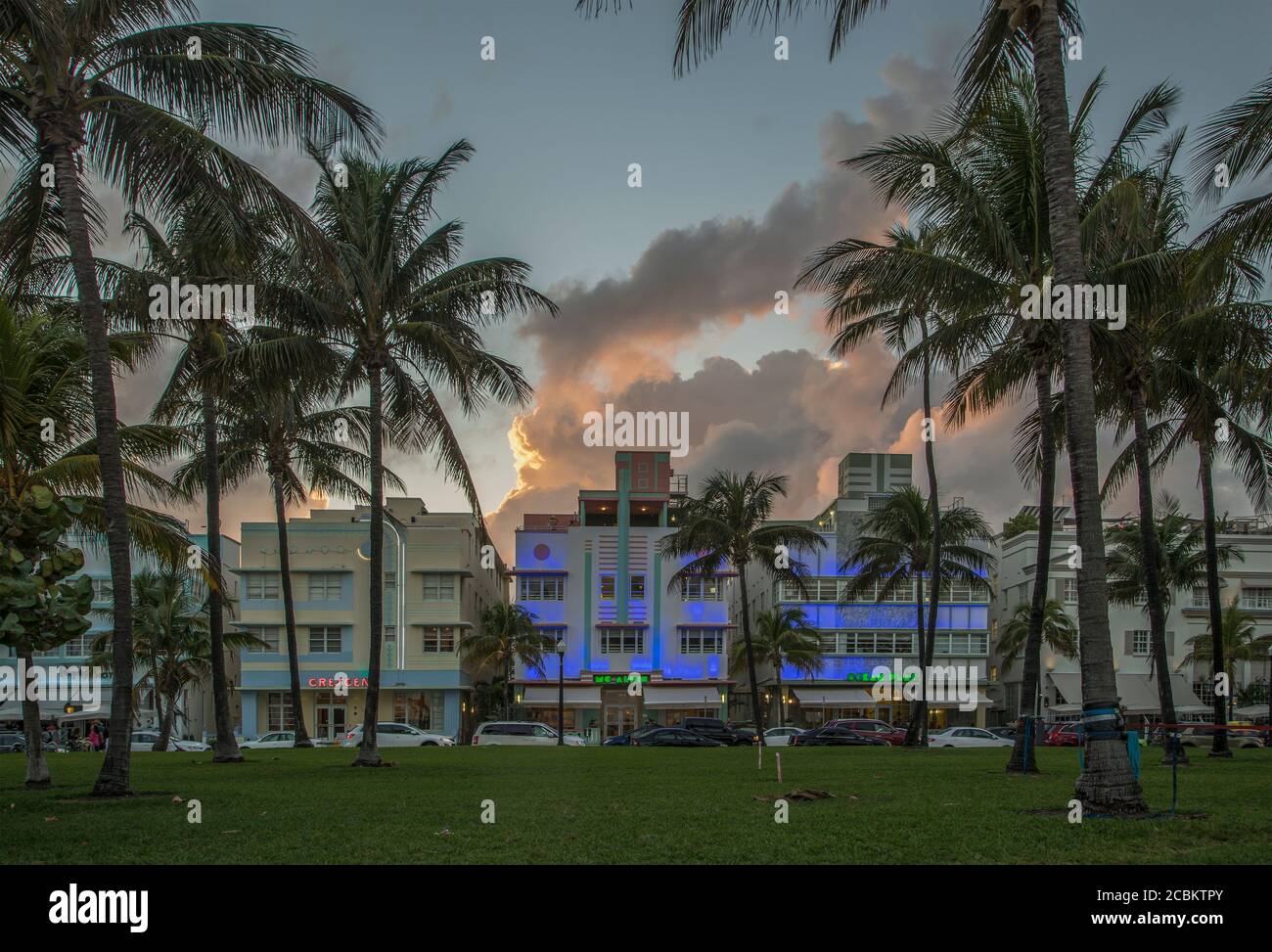 Pastel color buildings on Ocean Drive, in the famous Art Deco District ...