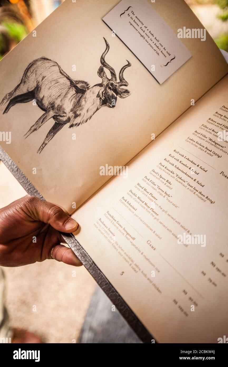 Hand holding menu in recreational bar, Windhoek, Namibia, Namibia Stock ...