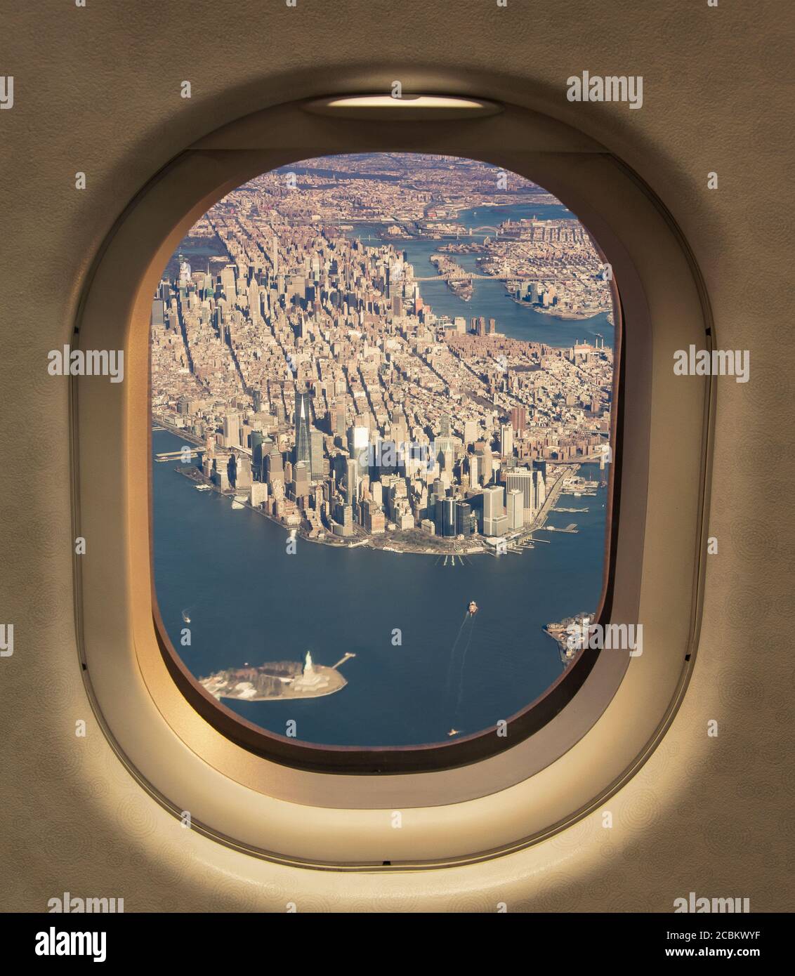 View of Manhattan from airplane window, New York, New York, USA Stock ...