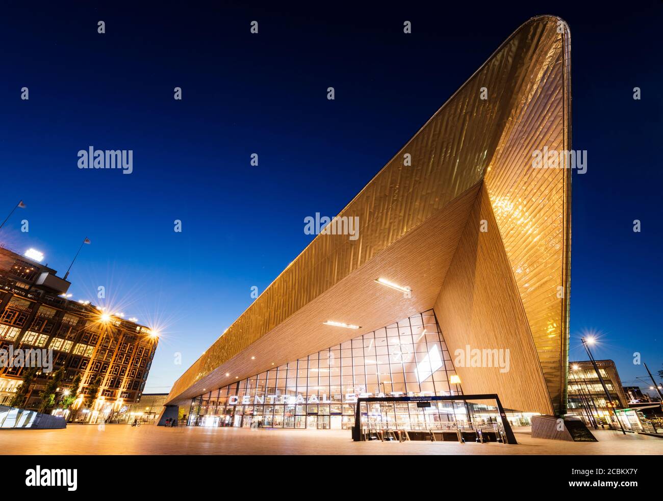Exterior of Rotterdam Central Station at dusk, Rotterdam, Netherlands ...