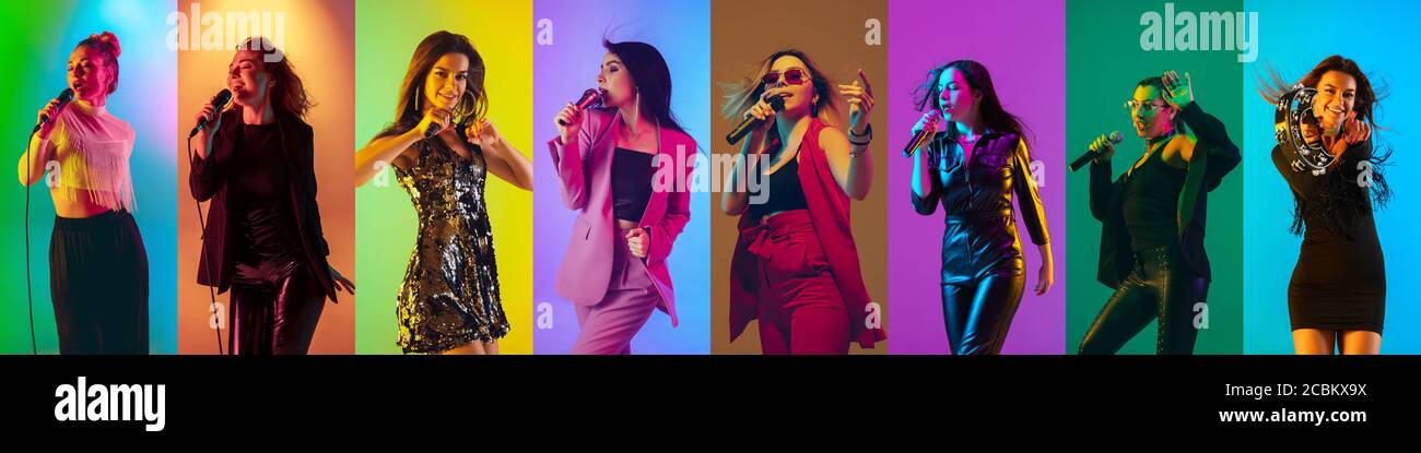 Collage of portraits of 5 young emotional talented musicians on ...