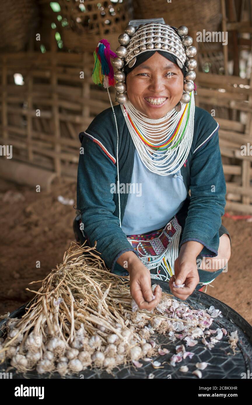 Woman in Ahkha tribe during garlic harvest, Shan State, Keng Tung ...