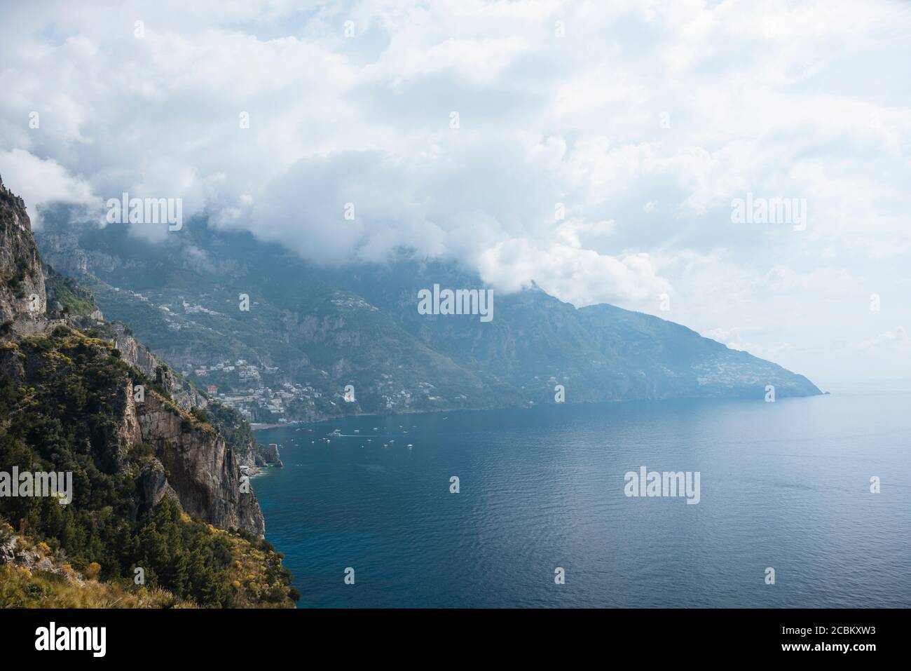 Elevated landscape view of low cloud over coastal mountains, Ravello ...
