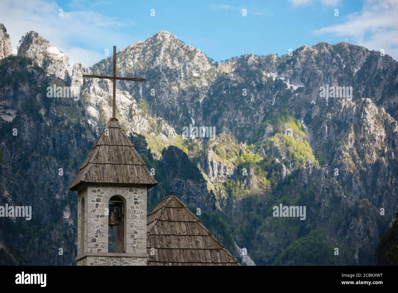 Village church bell tower and Accursed Mountains, Theth, Tirana ...