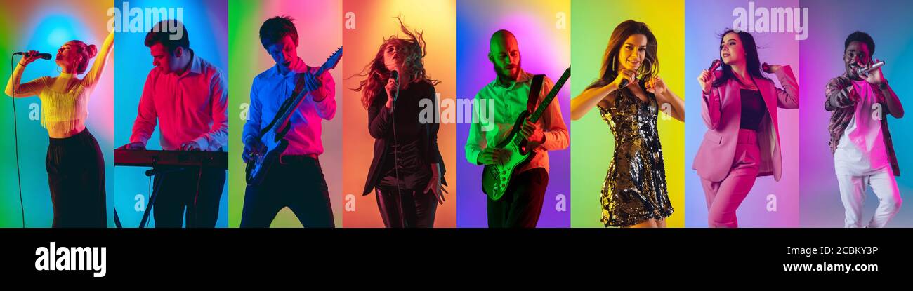 Collage of portraits of young emotional talented musicians on ...