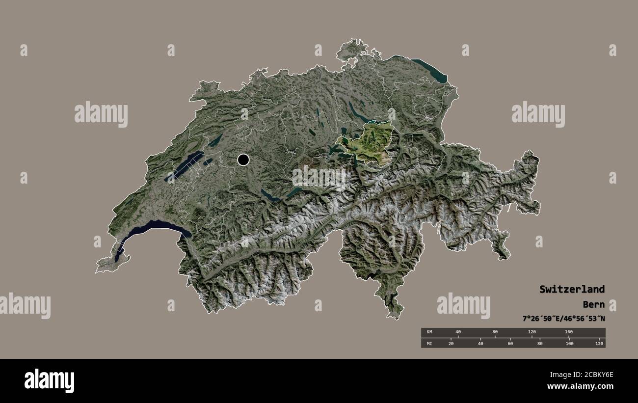 Desaturated shape of Switzerland with its capital, main regional ...