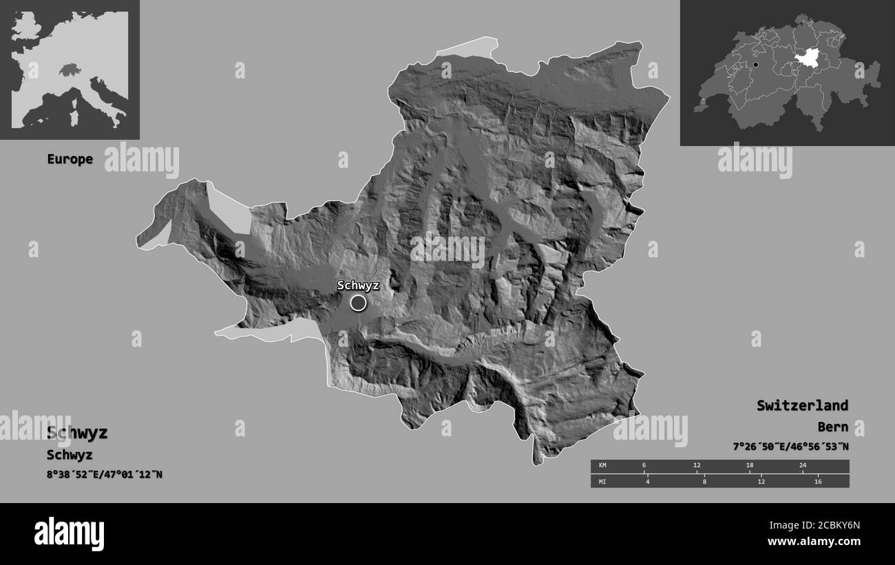 Shape of Schwyz, canton of Switzerland, and its capital. Distance scale ...