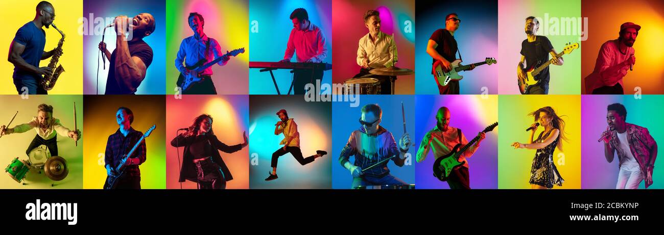 Collage of portraits of 13 young emotional talented musicians on ...