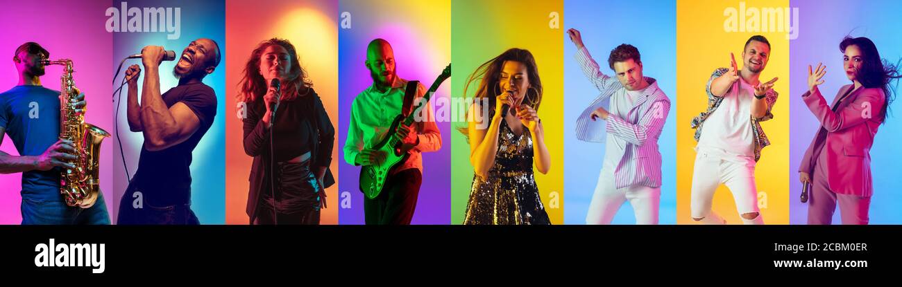 Collage of portraits of 7 young emotional talented musicians on ...