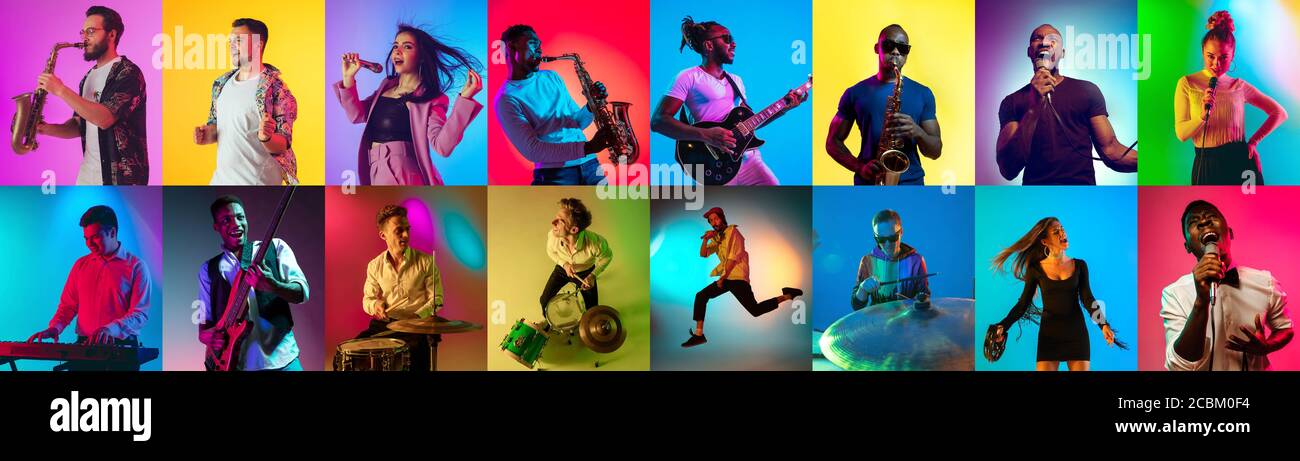 Collage of portraits of 14 young emotional talented musicians on ...