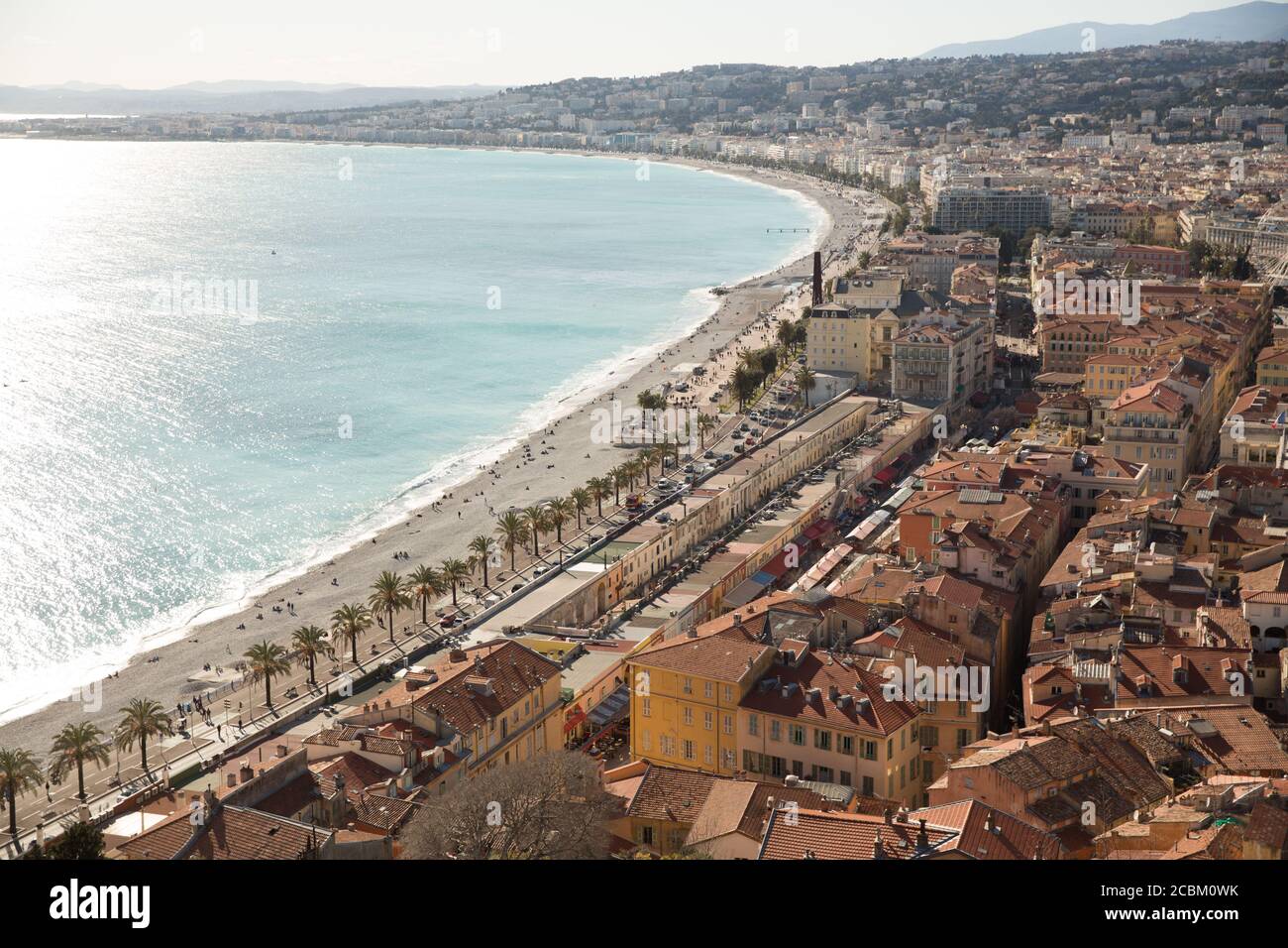 Elevated view of beach and seafront, Nice, France Stock Photo - Alamy