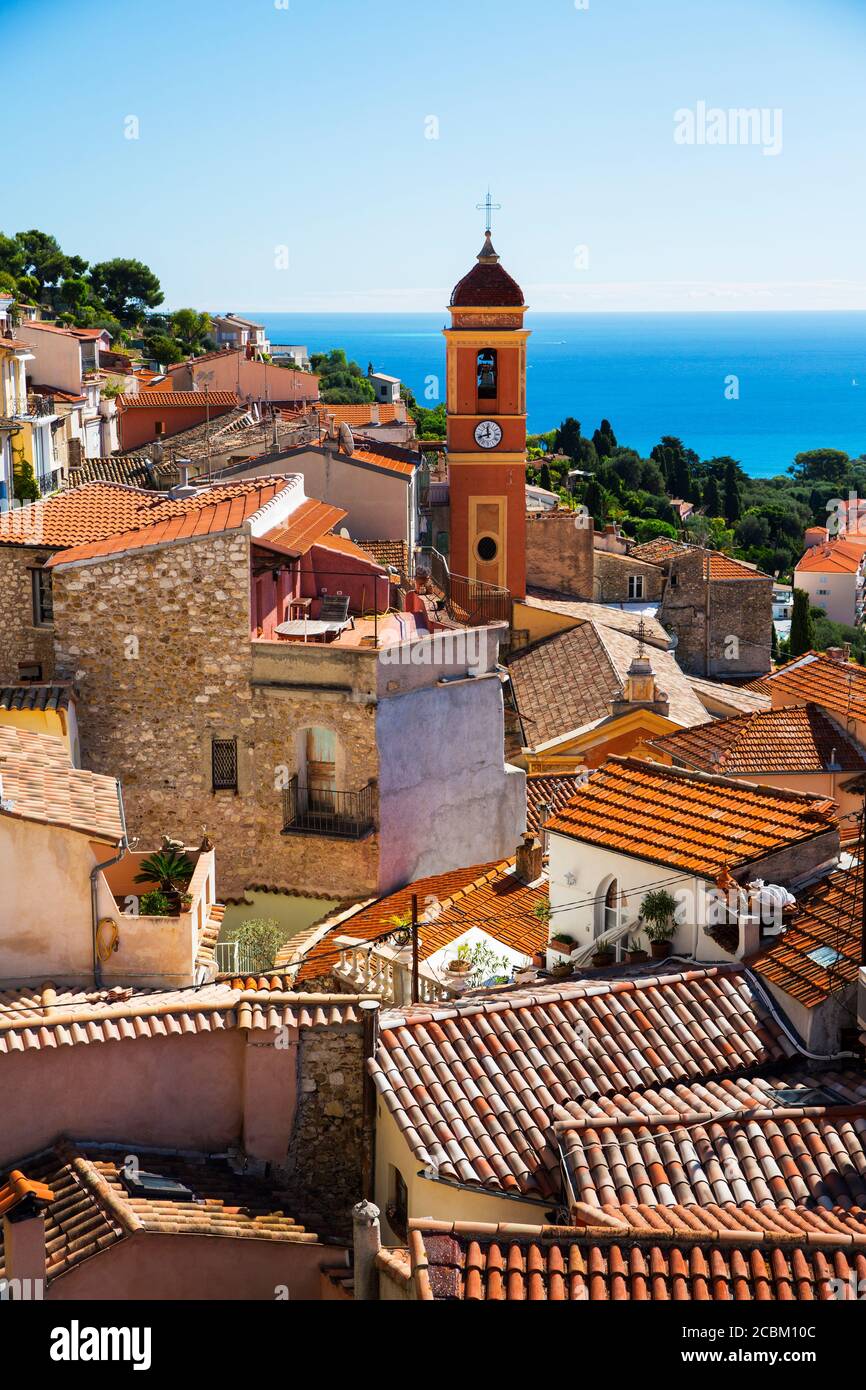 Elevated view of rooftops from Castle of Roquebrune, Roquebrune, France ...