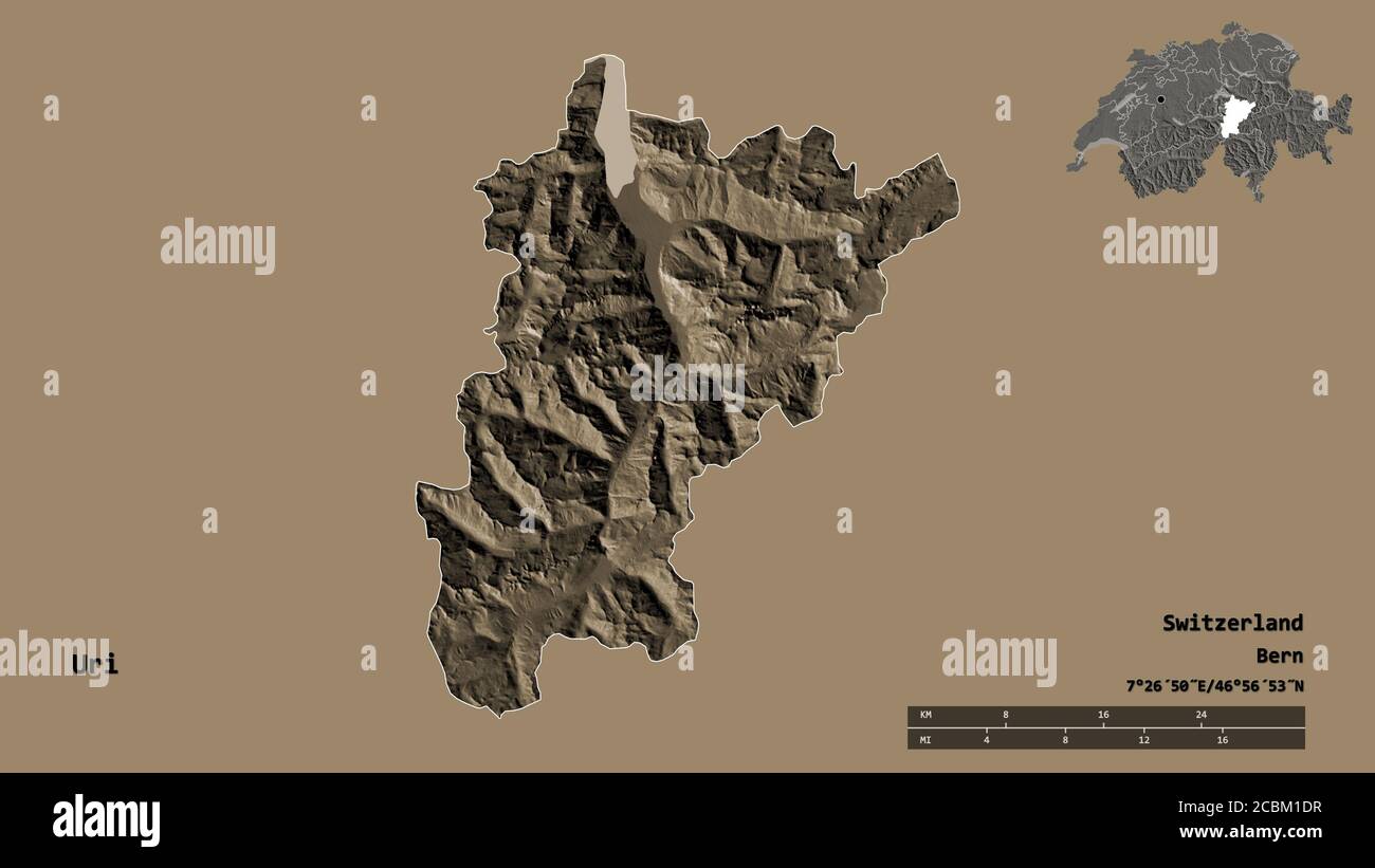 Shape of Uri, canton of Switzerland, with its capital isolated on solid ...