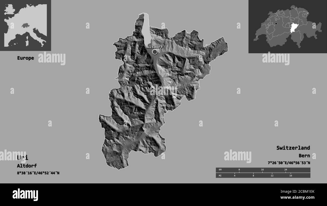Shape of Uri, canton of Switzerland, and its capital. Distance scale ...