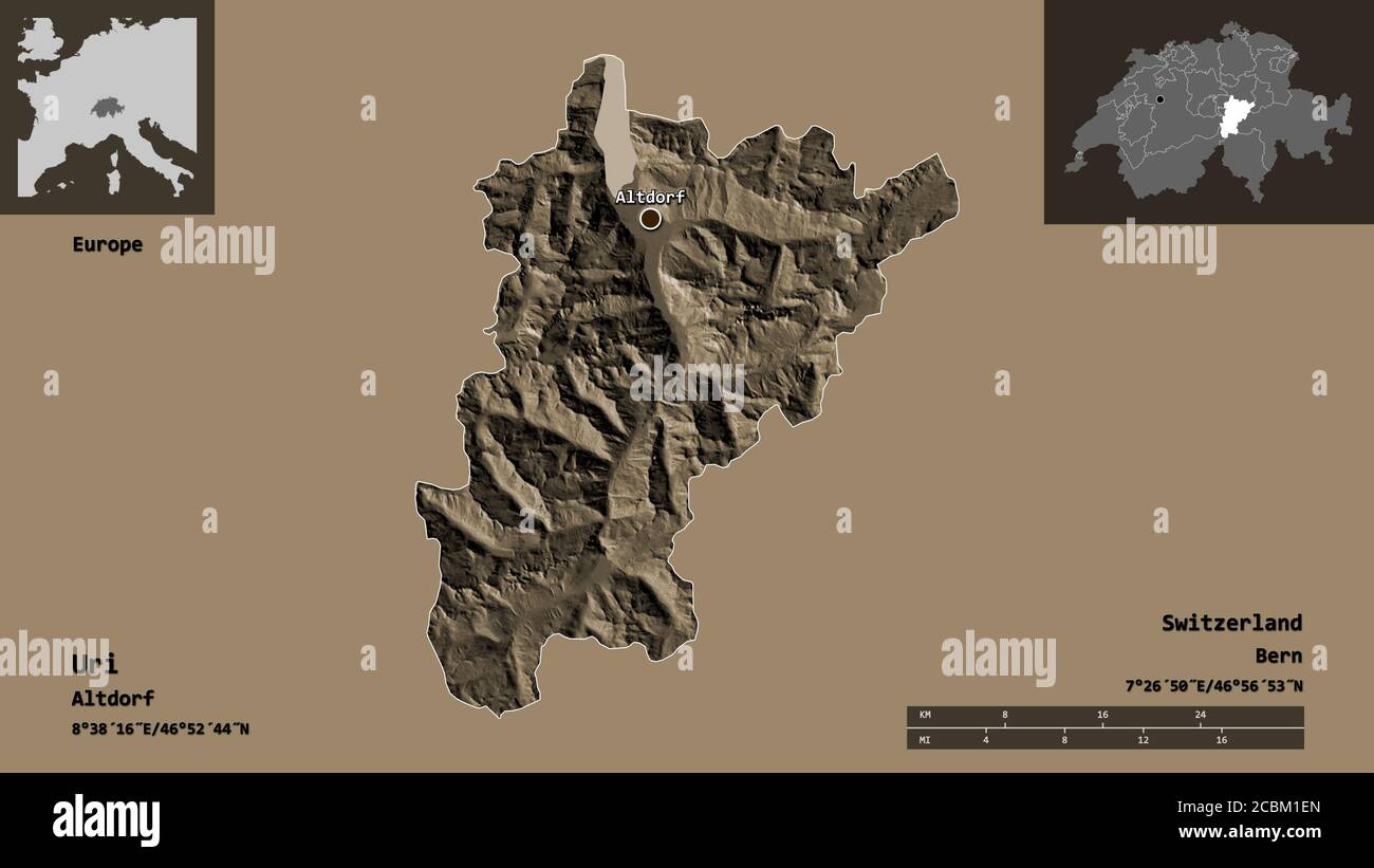 Shape of Uri, canton of Switzerland, and its capital. Distance scale ...