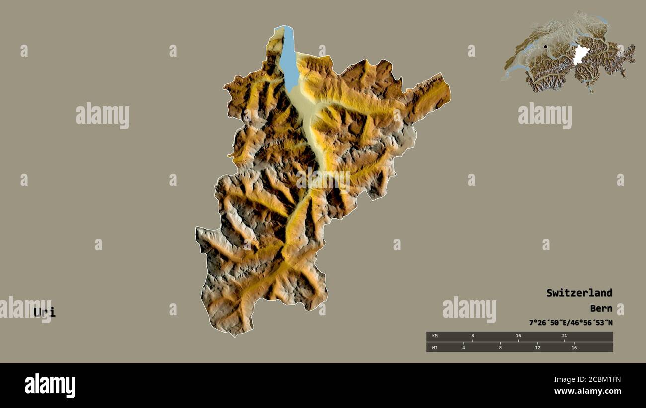 Shape of Uri, canton of Switzerland, with its capital isolated on solid ...