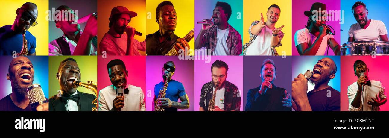 Collage of portraits of 9 young emotional talented musicians on ...