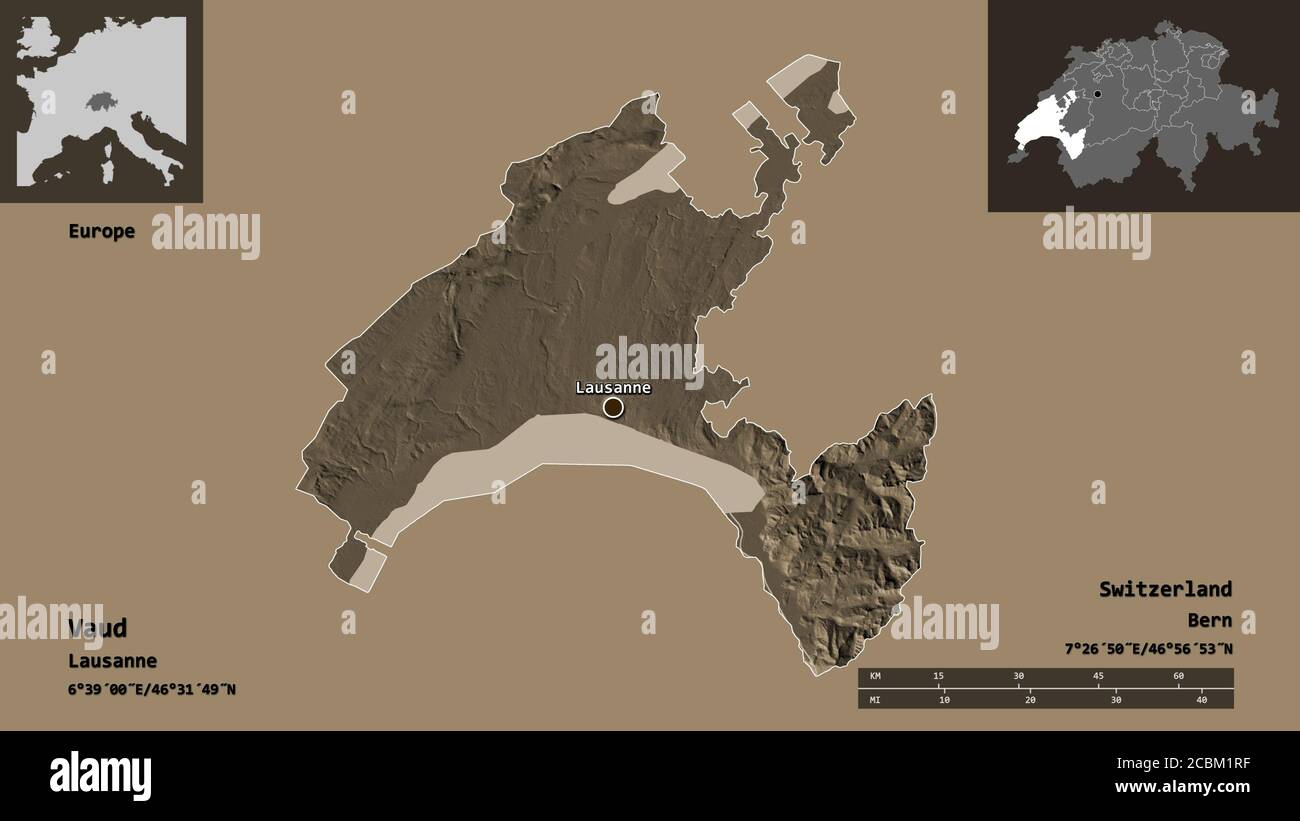 Shape of Vaud, canton of Switzerland, and its capital. Distance scale ...