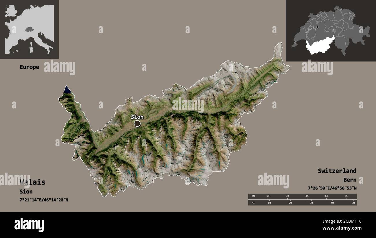 Shape of Valais, canton of Switzerland, and its capital. Distance scale ...