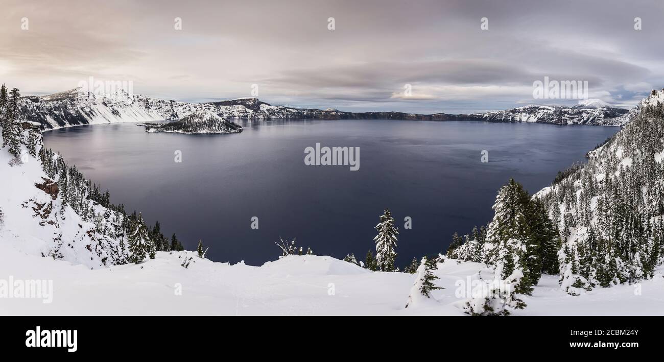 View of Crater Lake in snow, Oregon, USA Stock Photo - Alamy