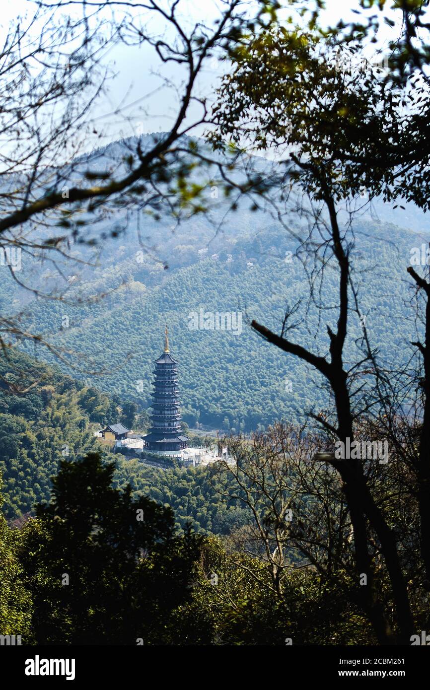 View of Xishan temple in mountain forests, Ningbo, Zhejiang, China ...