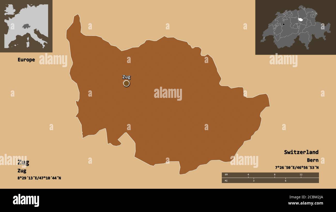 Shape of Zug, canton of Switzerland, and its capital. Distance scale ...