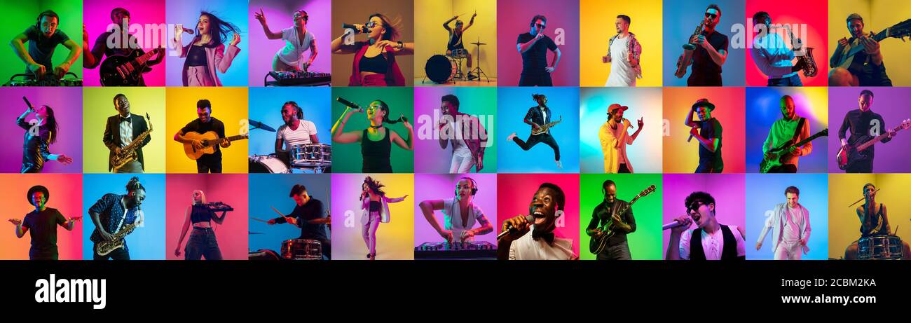 Collage of portraits of 21 young emotional talented musicians on ...