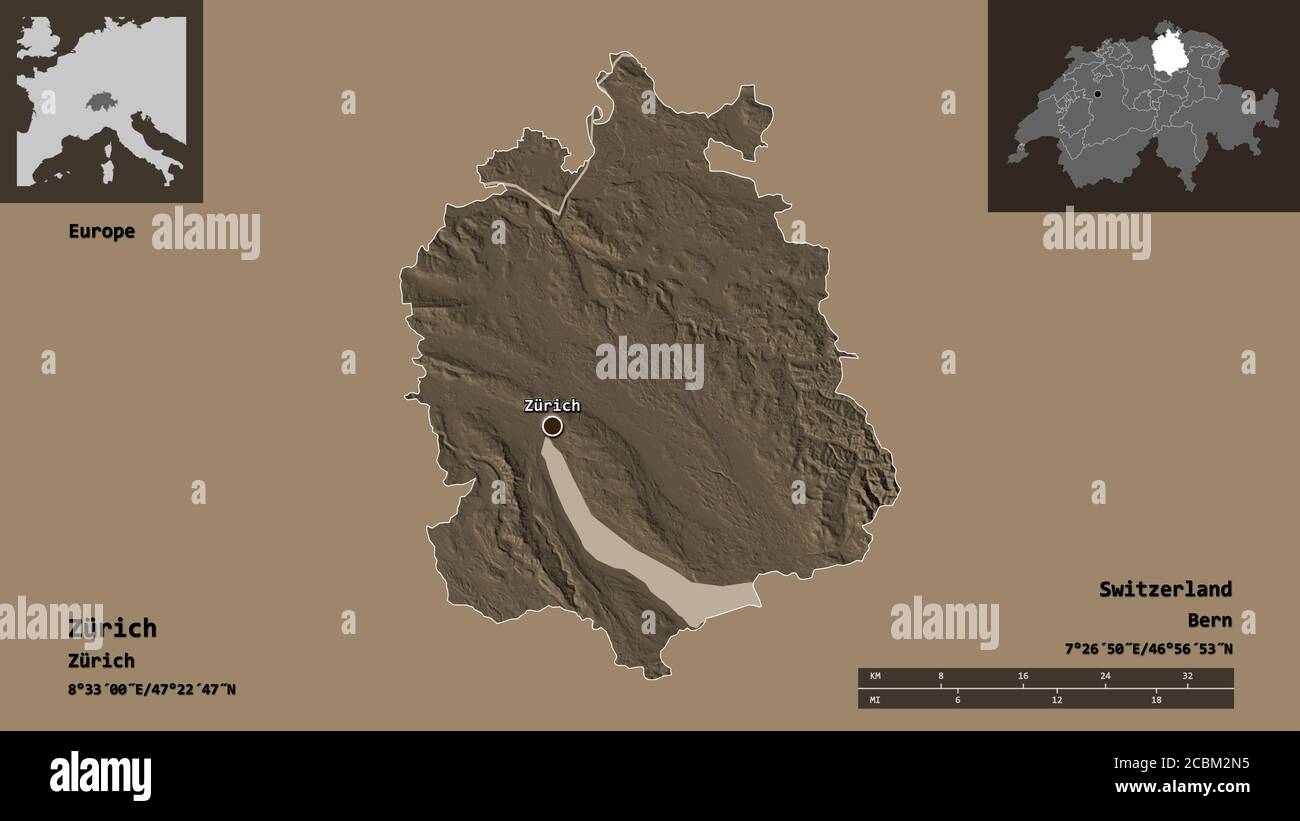 Shape of Zürich, canton of Switzerland, and its capital. Distance scale ...