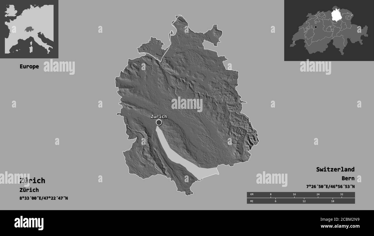 Shape of Zürich, canton of Switzerland, and its capital. Distance scale ...