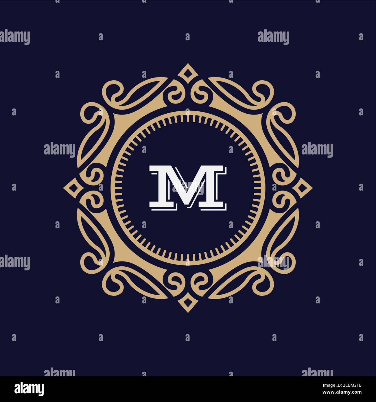 The monogram a letter M in an elegant frame. A golden template for cafe ...