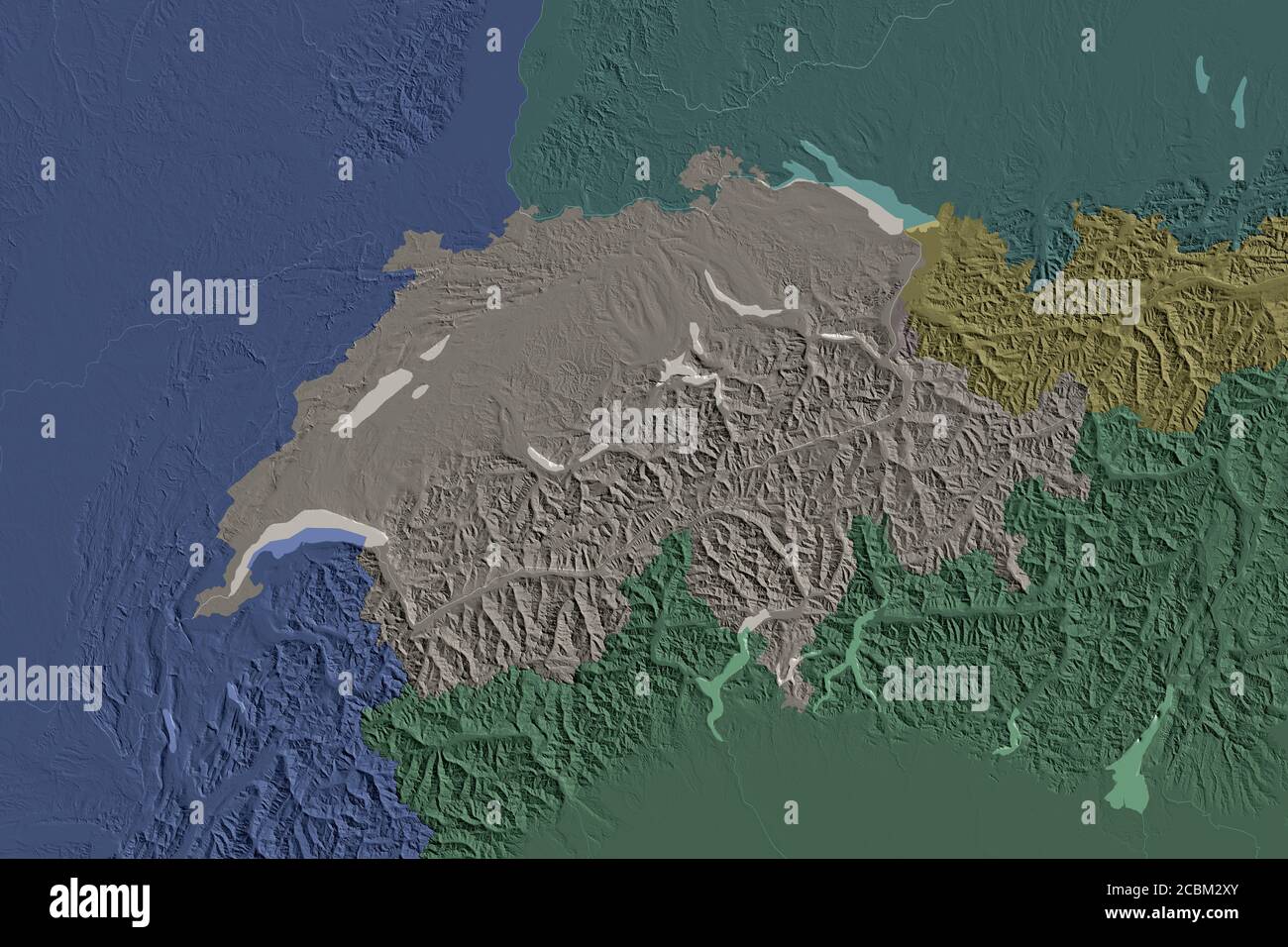 Extended area of Switzerland. Colored elevation map. 3D rendering Stock ...